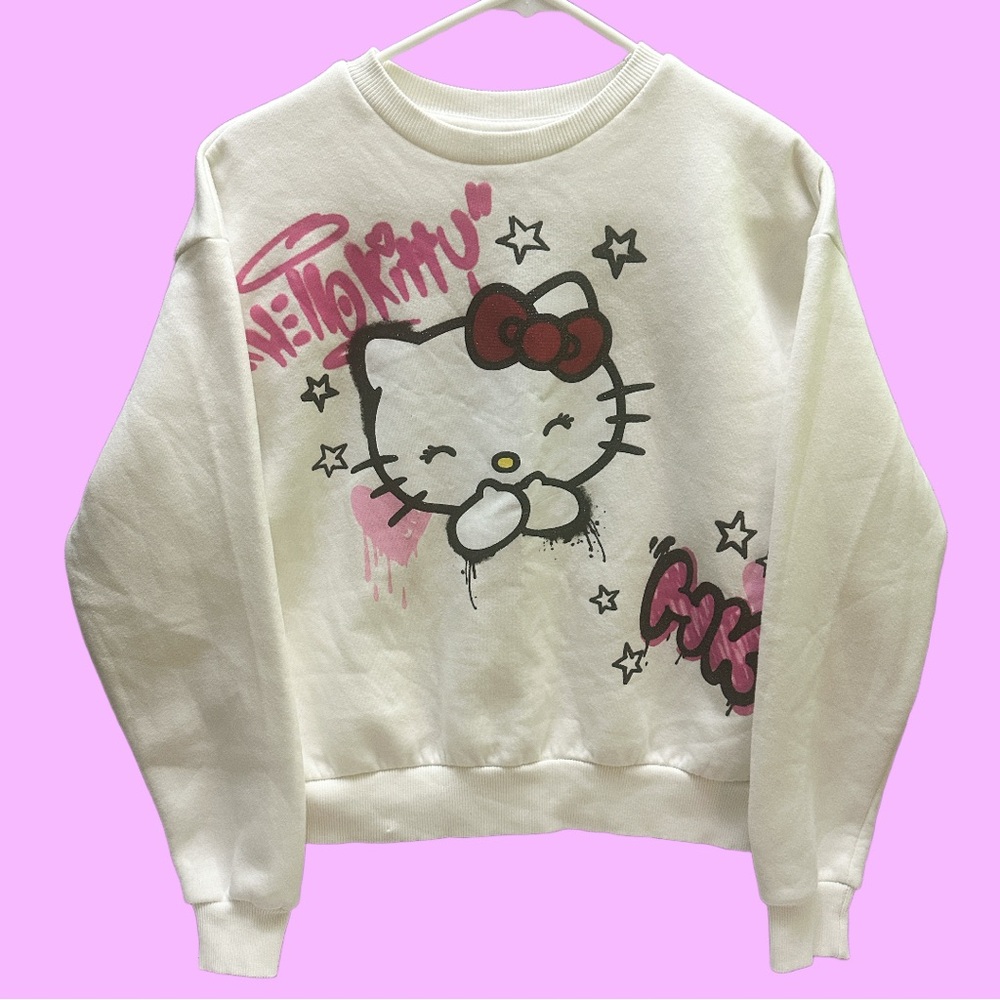 Hello Kitty White And Pink Crew Neck Sweater - Gem